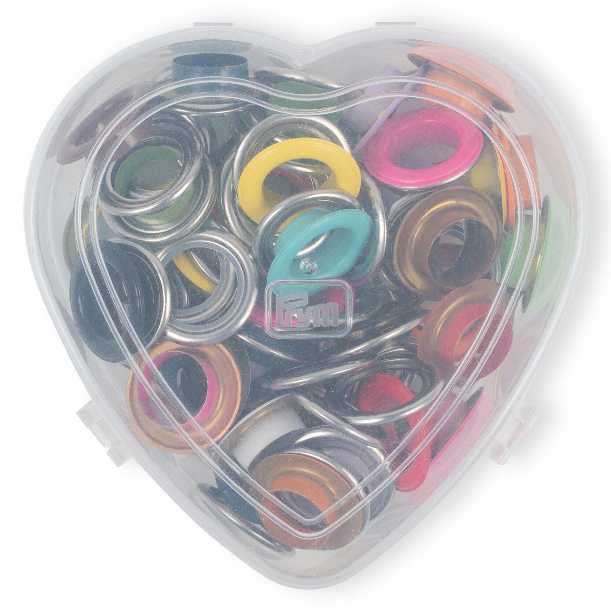 Prym Heart box with 44 14mm Eyelets with Washers in Mixed Colours