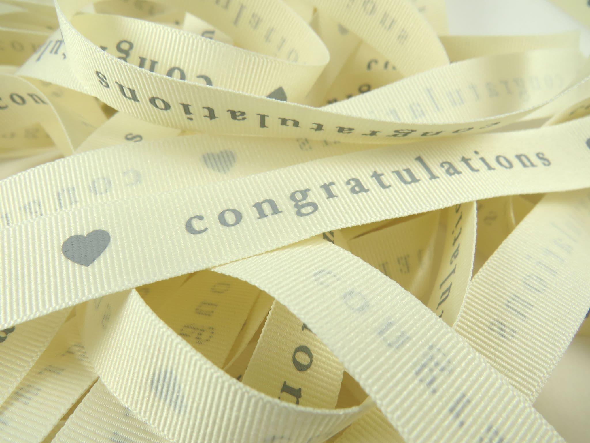 15mm Grey Congratulations & Heart Print - Berisfords