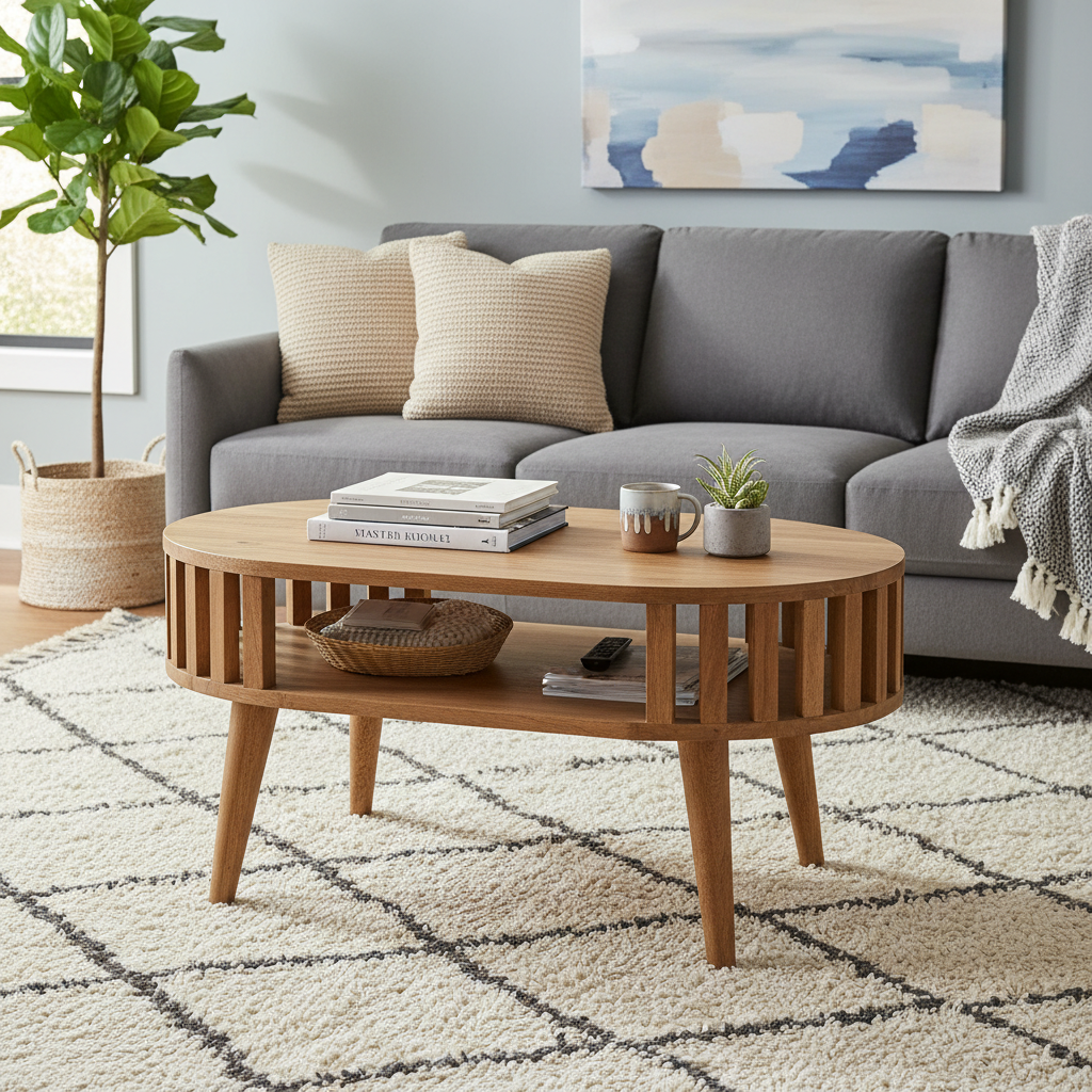 Solid Mango Wood Coffee Table with Shelf – Oak Finish Japandi Living ...