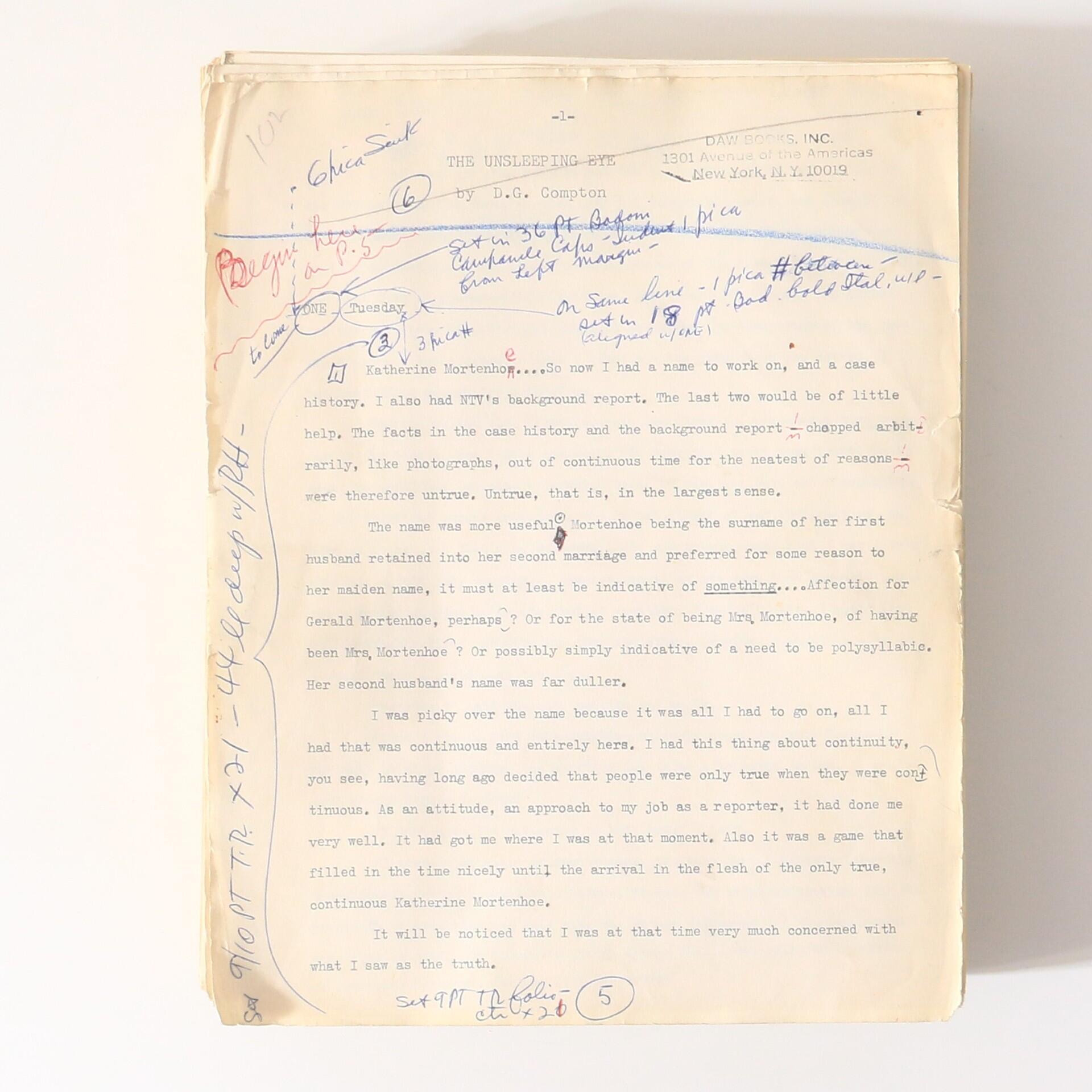 D.G. Compton - The Sleeping Eye - Daw, nd [1974], Manuscript. [13171]