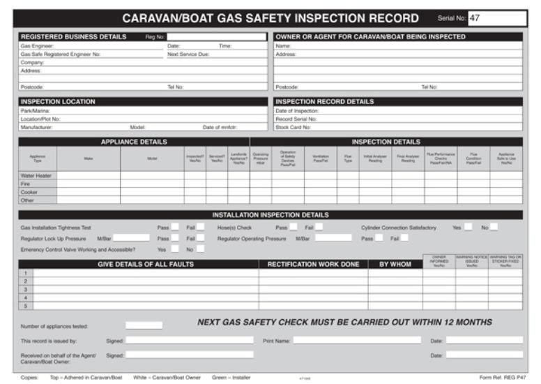 Regin Caravan/Boat Gas Inspection Record Pad REGP47