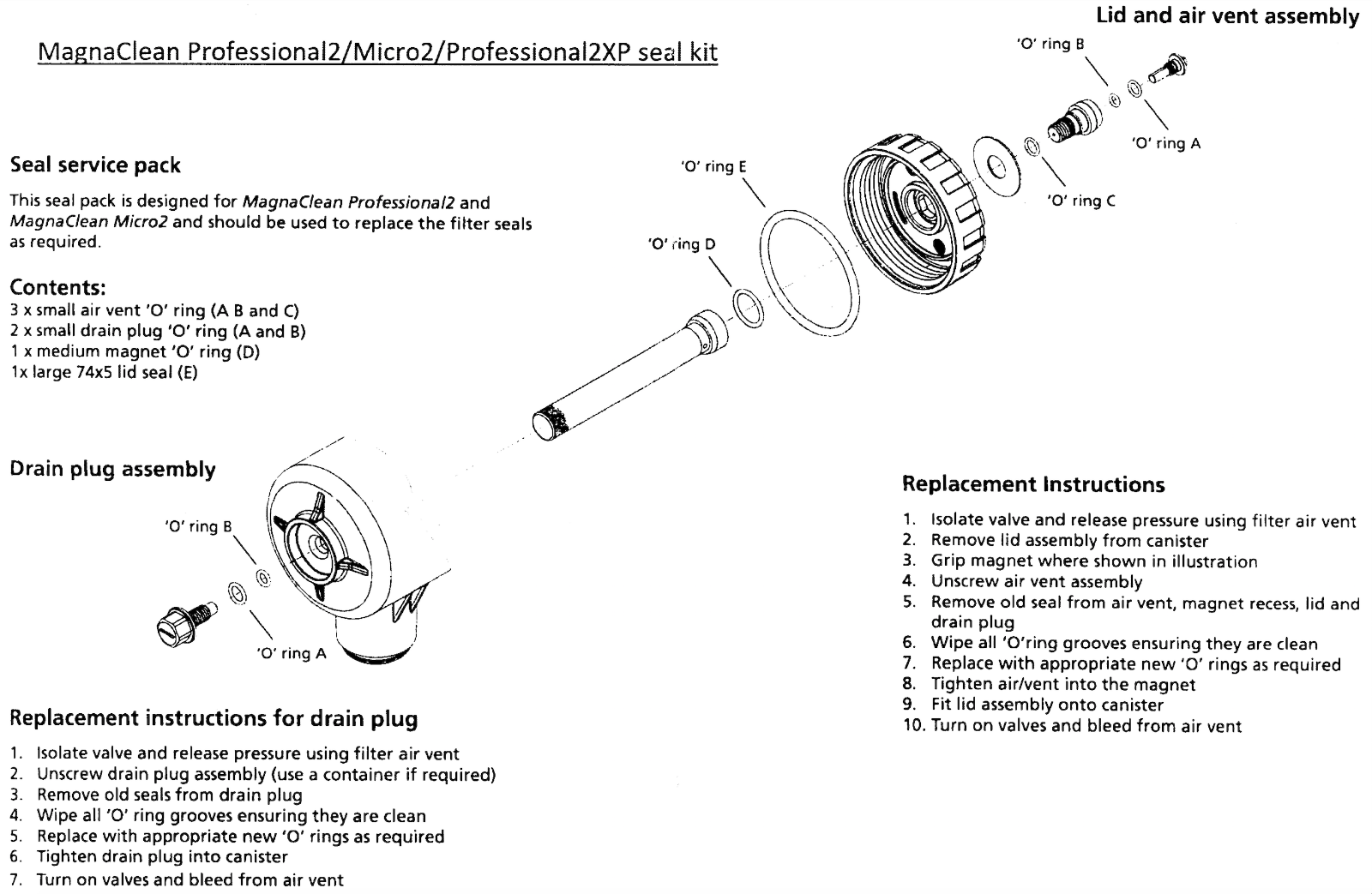 Adey MagnaClean Professional 2 , 28mm System Filter Service kit ,O-ring kit