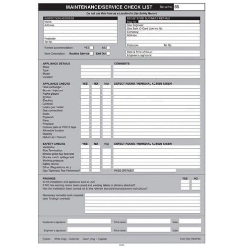 Regin Maintenance Check List Pad REGP65