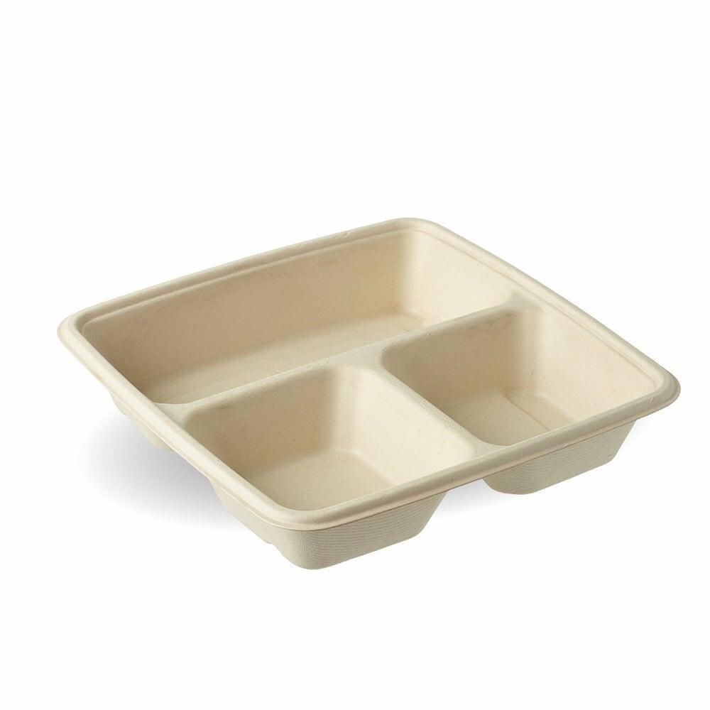 BioPak 3 Compartment BioCane Natural Pac Square Containers