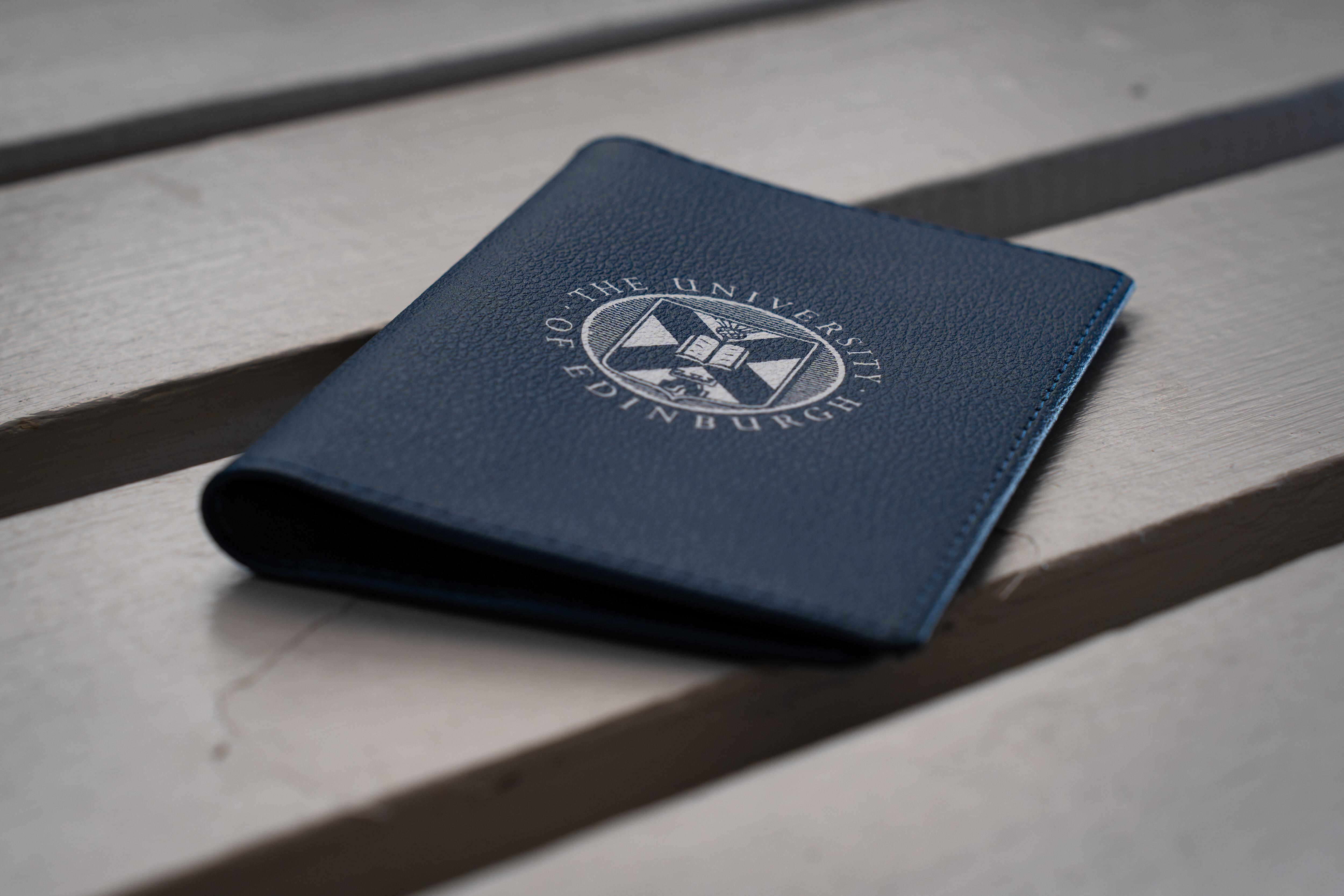 £21.50 - Navy Passport Wallet University of Edinburgh Branded Vegan ...