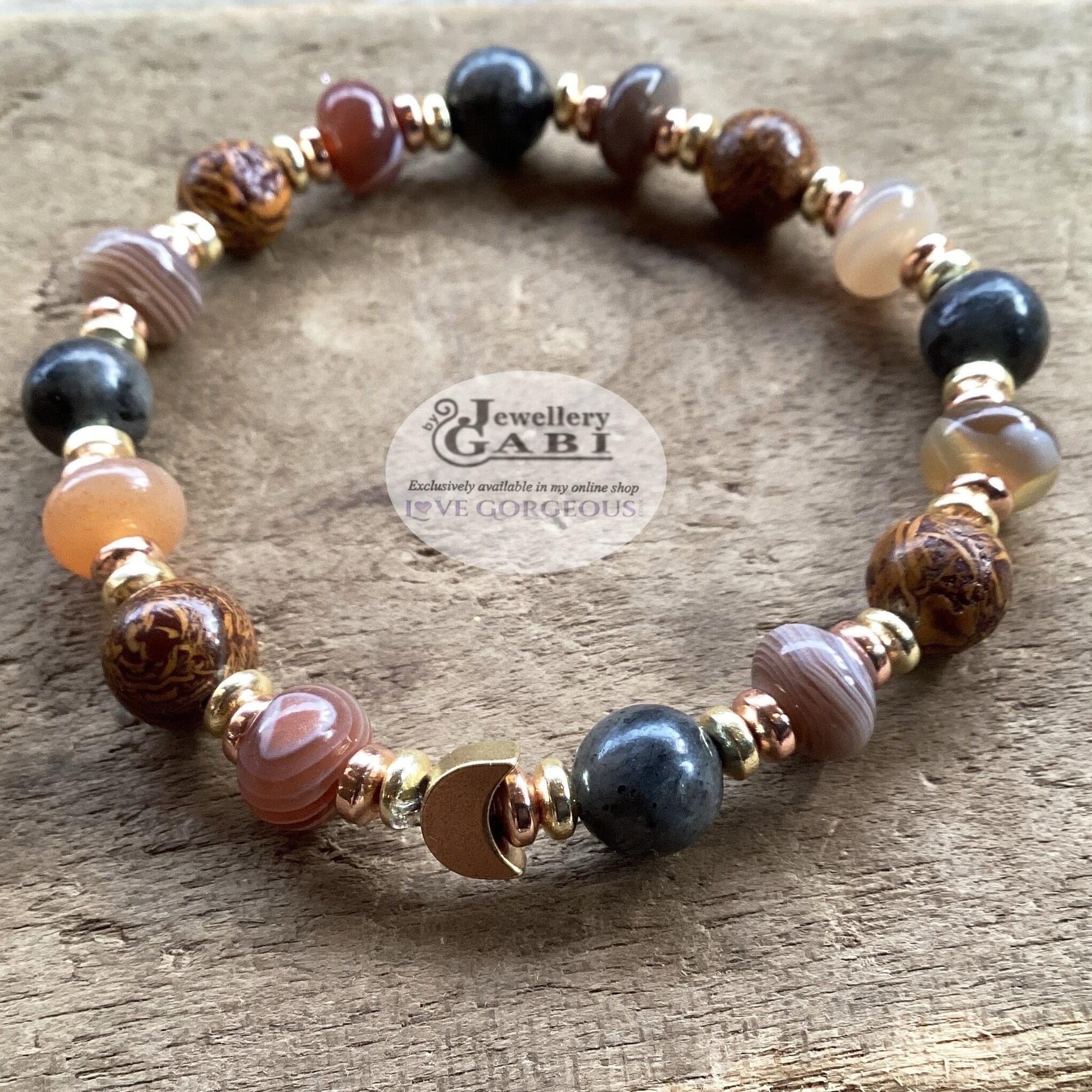 JBG Miriam Stone, Larvikite & Botswana Agate Stretch Bracelet with Brass Moon