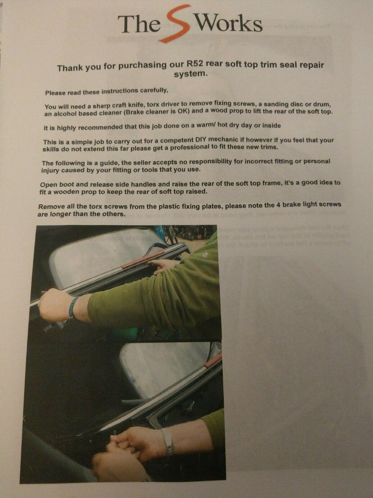 Mini Convertible R52 soft top rear roof seal repair trim Cooper One S ...