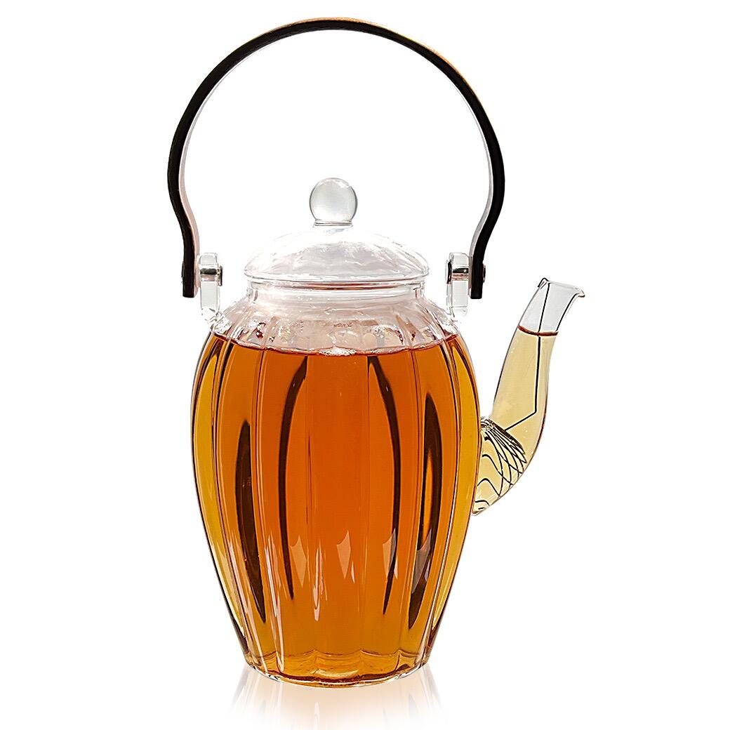 Lyra Glass Teapot 600ml | Ribbed Teapot with Wooden Handle