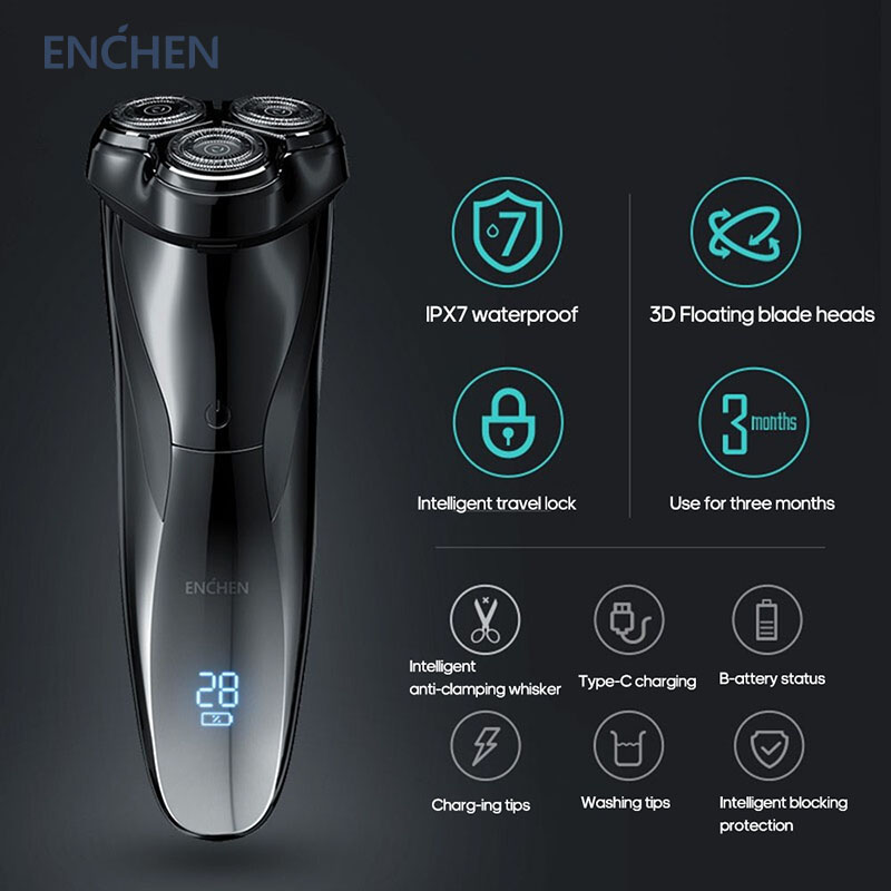Enchen Mens Shaver Wet & Dry Rotary Cordless 3D Triple Blade Sideburns ...