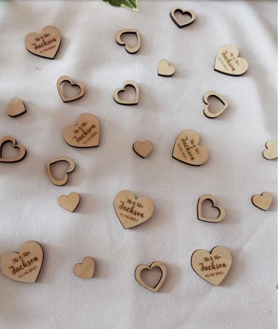Personalised Wooden Wedding Day Table Confetti, Heart Shape x 50