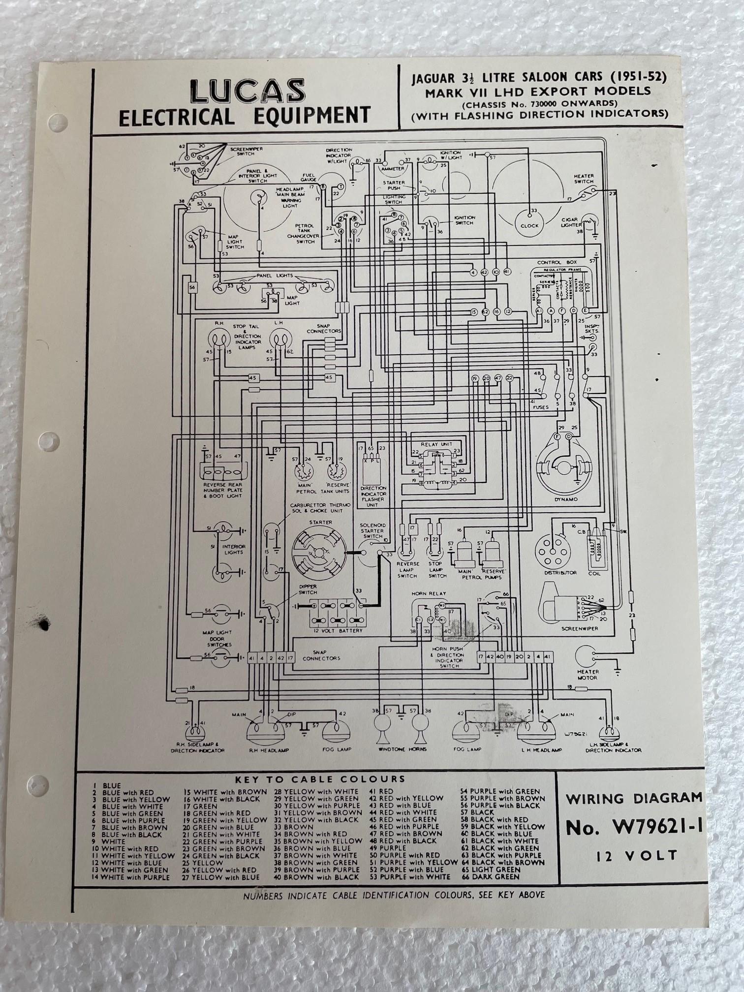 LUCAS WIRING DIAGRAM W79621-1 1951 - 52 JAGUAR MKVII 3.5 WITH FLASHING ...