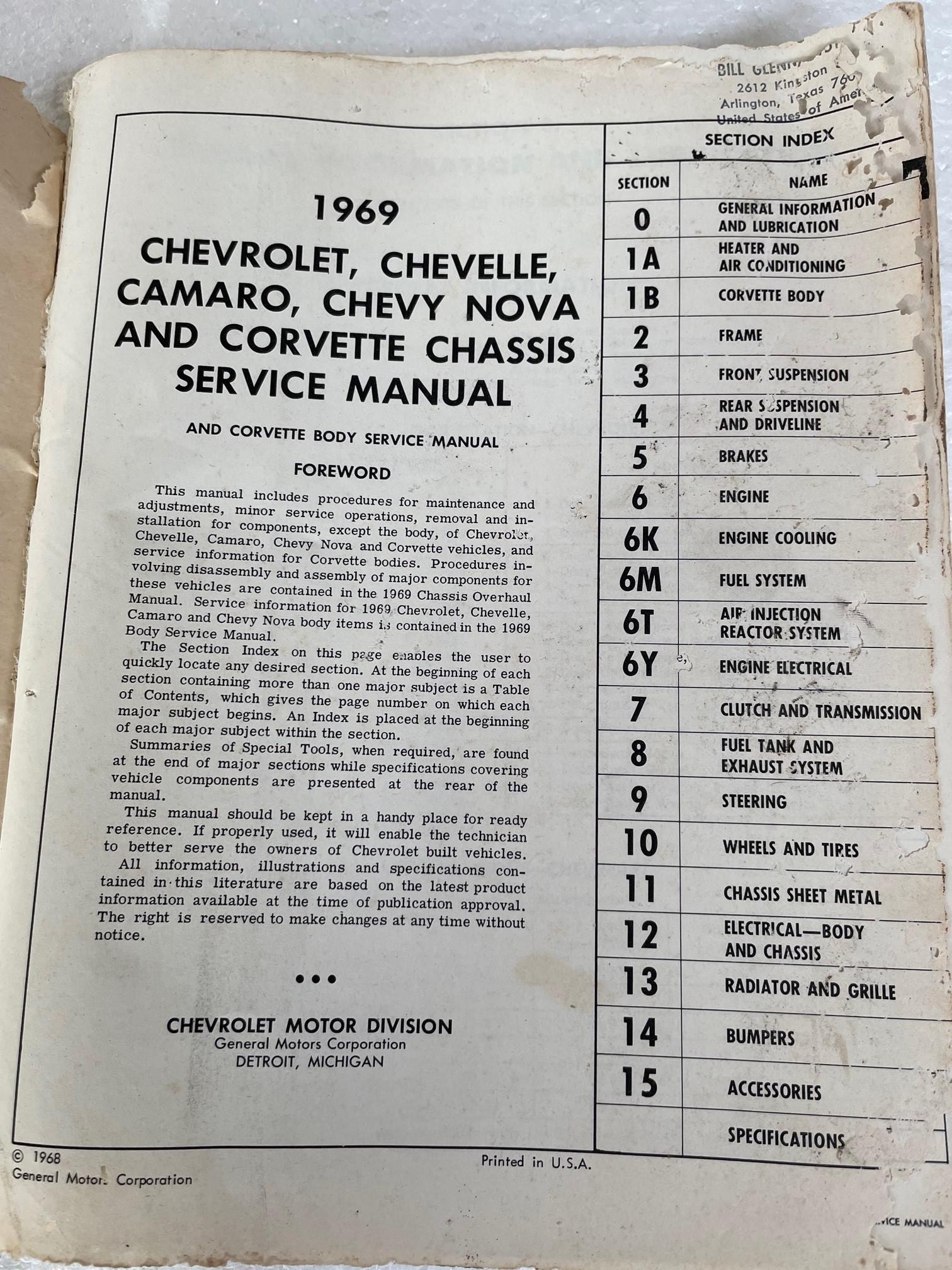 1969 CHEVROLET CHEVELLE CAMERO CHEVY NOVA & CORVETTE SERVICE MANUAL