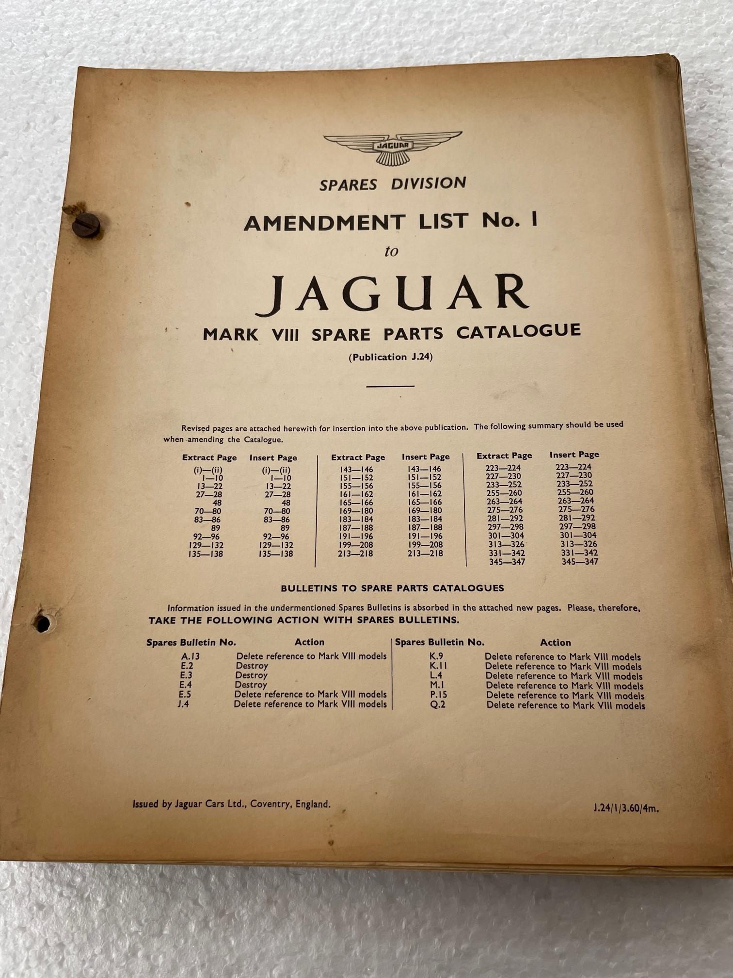 RARE ORIGINAL 1960 JAGUAR MARK VIII SPARE PARTS CATALOGUE J.24