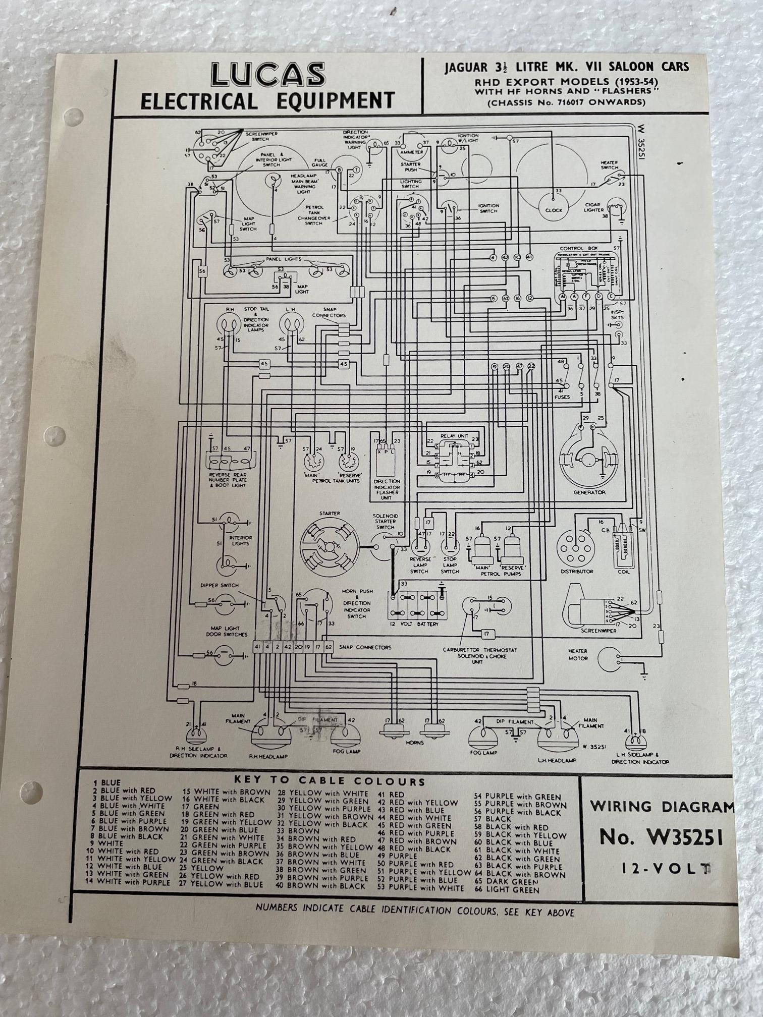 LUCAS WIRING DIAGRAM W35251 1953 - 1954 JAGUAR MKVII 3.5 WITH HF HORNS