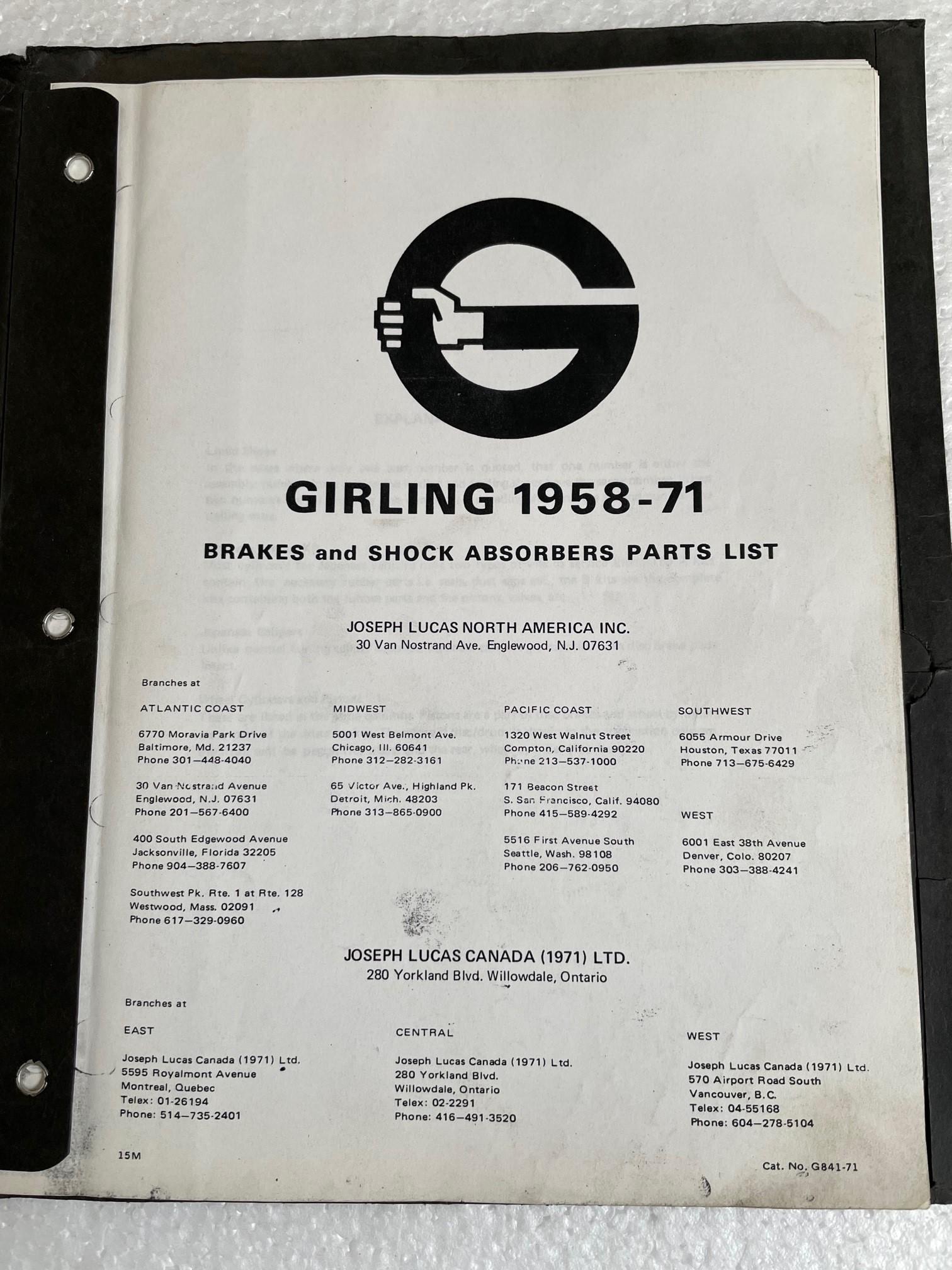 GIRLING 1958-1971 BRAKES & SHOCK ABSORBERS PARTS LIST G841-71