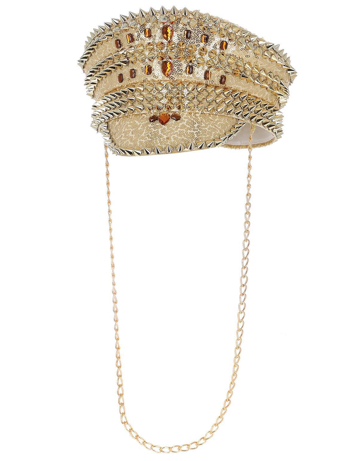 Fever Deluxe Sequin Studded Captains Cap Gold with Chain