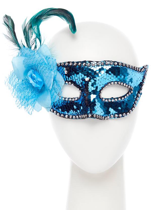 Blue Sequin Masquerade Eye Mask with Flower