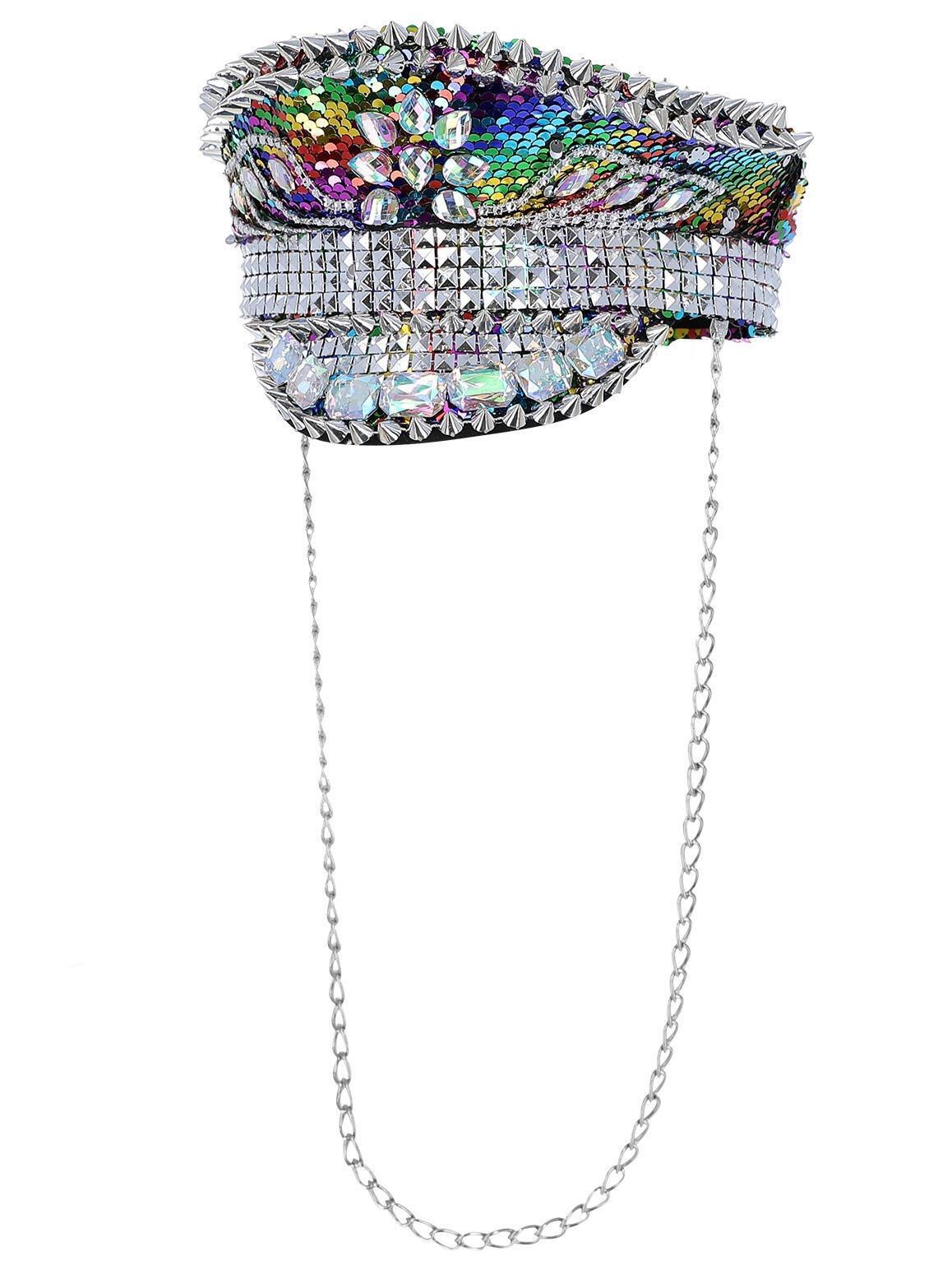 Fever Deluxe Sequin Studded Captains Cap Rainbow with Chain