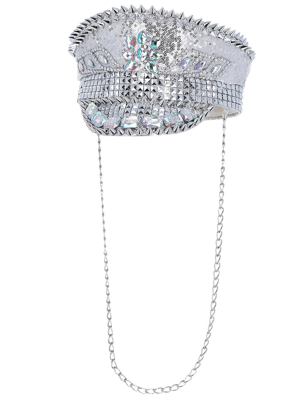 Fever Deluxe Sequin Studded Captains Cap Silver with Chain
