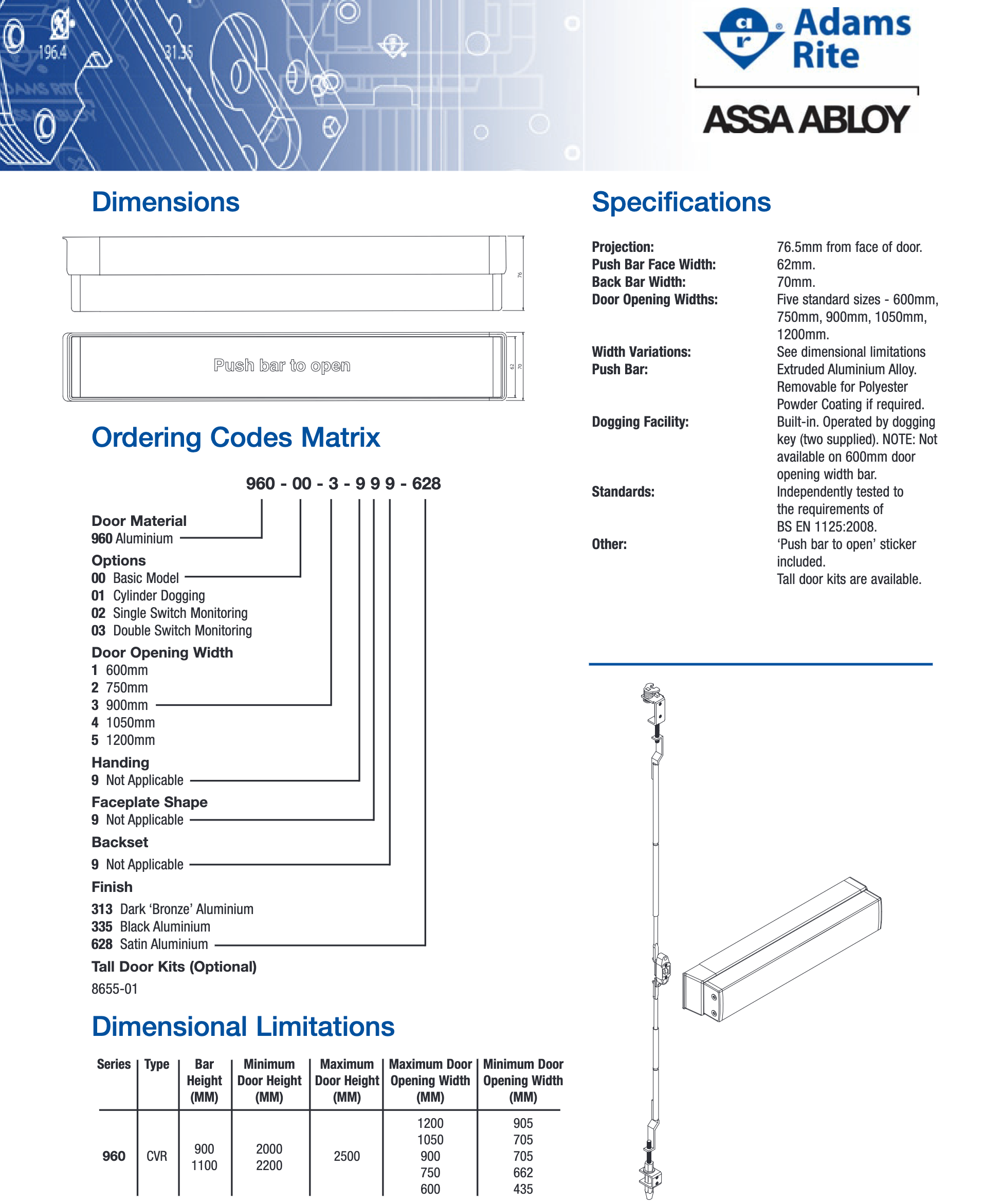 Adams Rite 960 Series Concealed Panic Exit Device For Doors 705-900mm