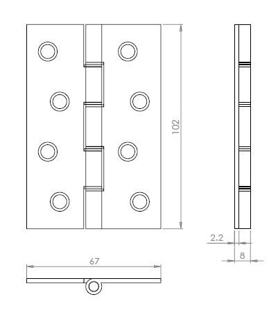 Butt Hinge, Double Steel Washered, 102 X 67 X 2.5 Mm, Brass (Pair)