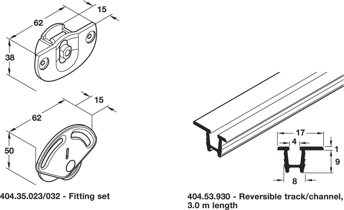 Complete Set, With Tracks, For Sliding Cabinet Doors, Hafele System 7