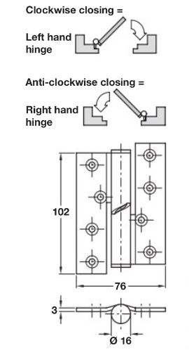 Falling Butt Hinge, 102 X 76 X 3 Mm, Fixed Pin, Stainless Steel (Grade 304)