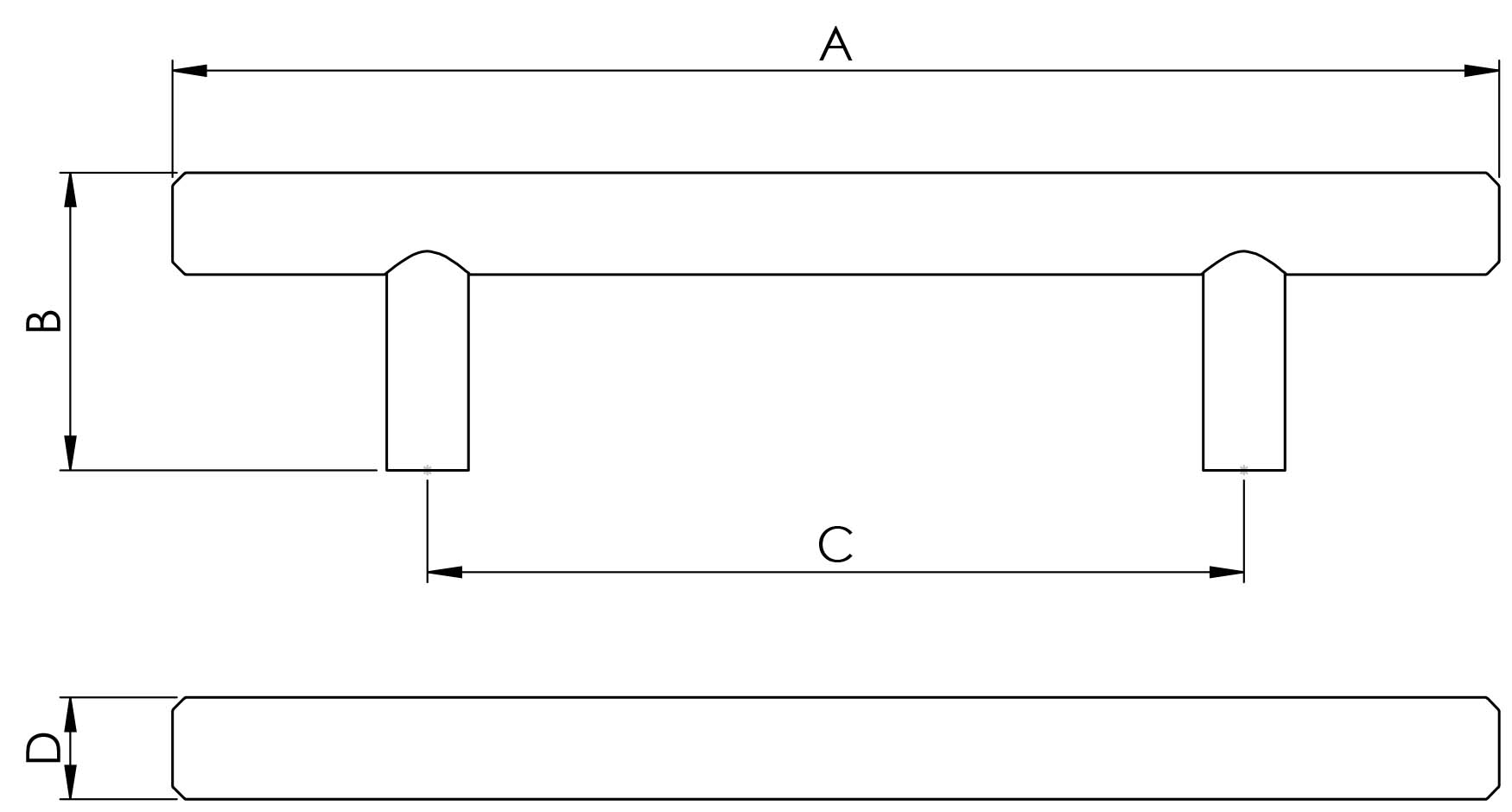 Steel T-Bar Handle, 12mm Diameter, 96-1024mm Fixing Centres / Ftd445