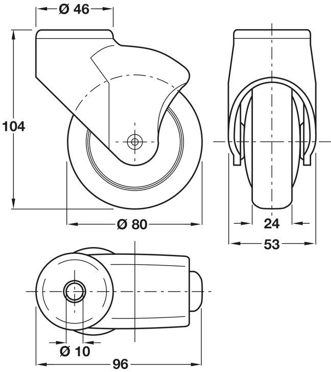 Swivel Single Wheel Castor, Without Brake, Dia. 80 Mm, Dia. 10 Mm Pin Hole