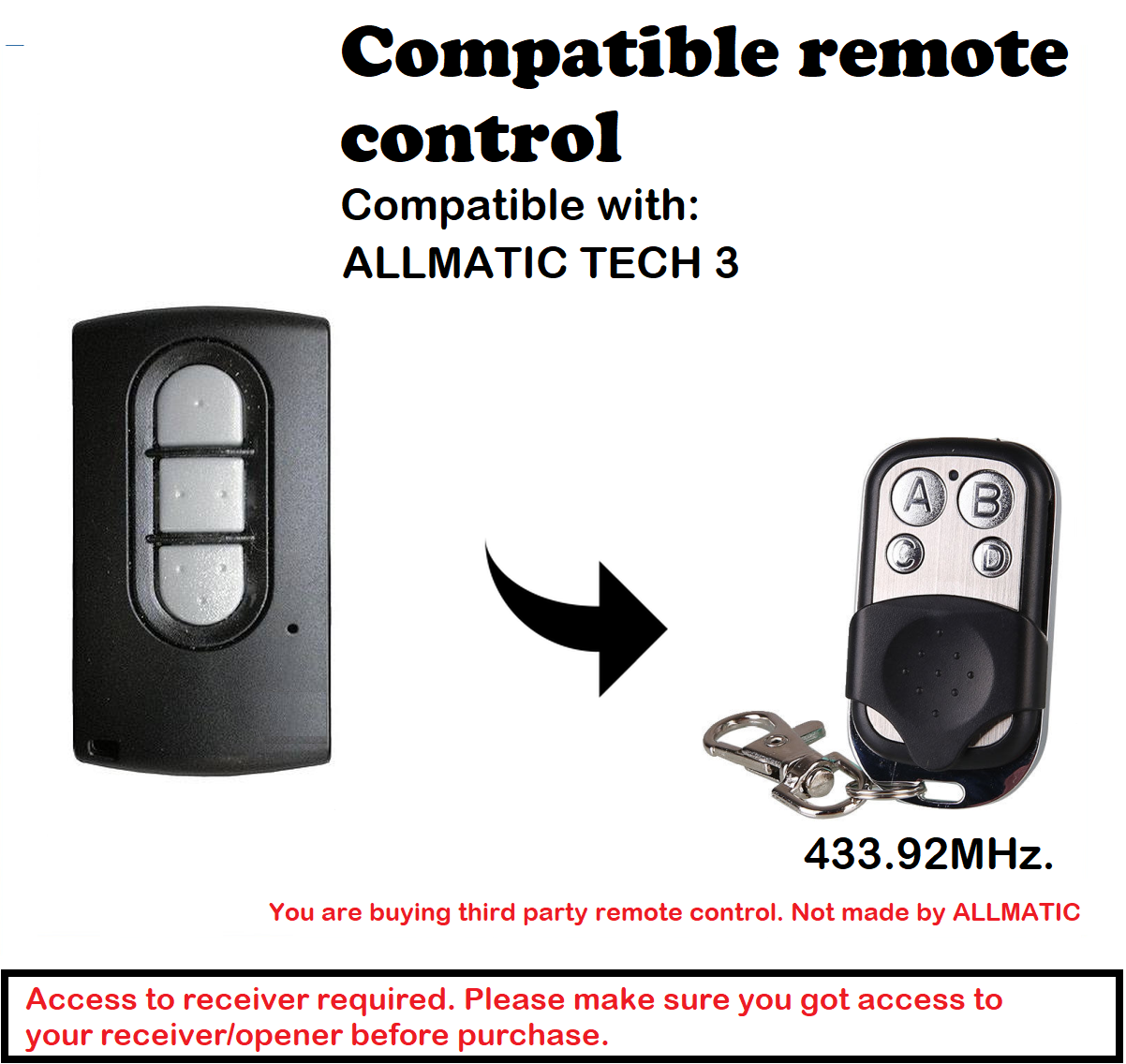 Remote Control Compatible with ALLMATIC B.RO 1WN, 2WN, 4WN RED Rolling Code 433.92MHz.