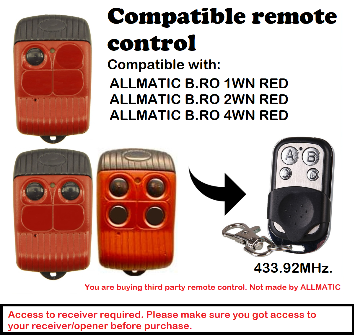 Remote Control Compatible with ALLMATIC B.RO 1WN, B.RO 2WN, B.RO 4WN Rolling Code 433.92MHz. (r.1)