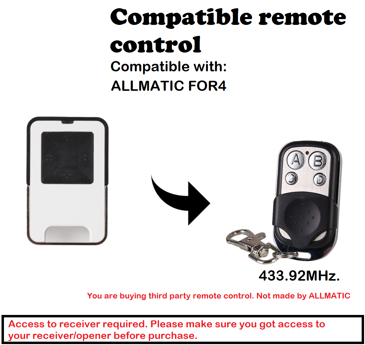 Remote Control Compatible with ALLMATIC MINI PASS, B.RO STAR Rolling Code 433.92MHz.