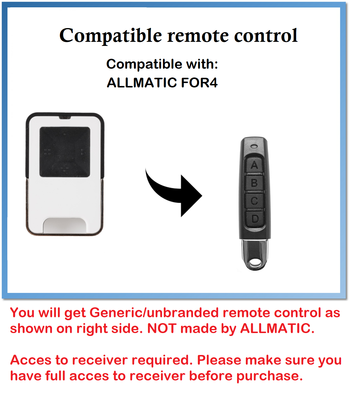 Remote Control Compatible with ALLMATIC B.RO WN BRO1WN, BRO 2WN, BRO4WN ...