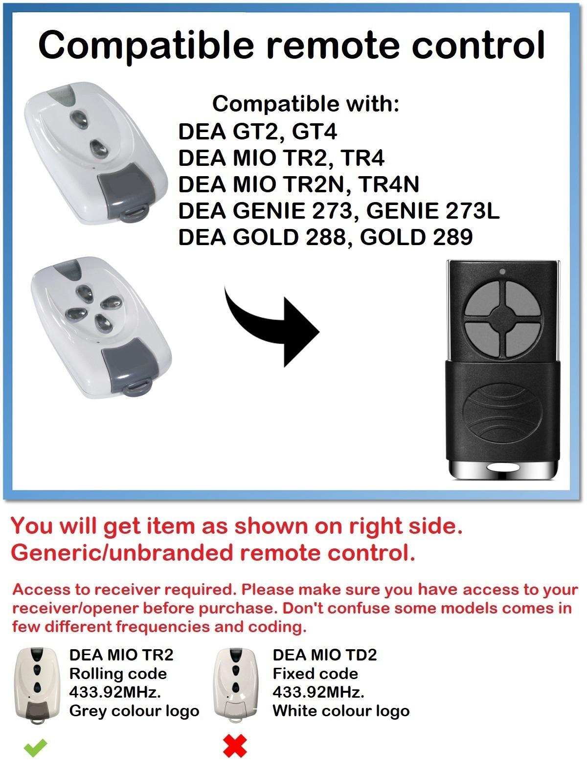 Remote Control for DEA MIO TR2, DEA MIO TR4 Rolling Code 433.92MHz.