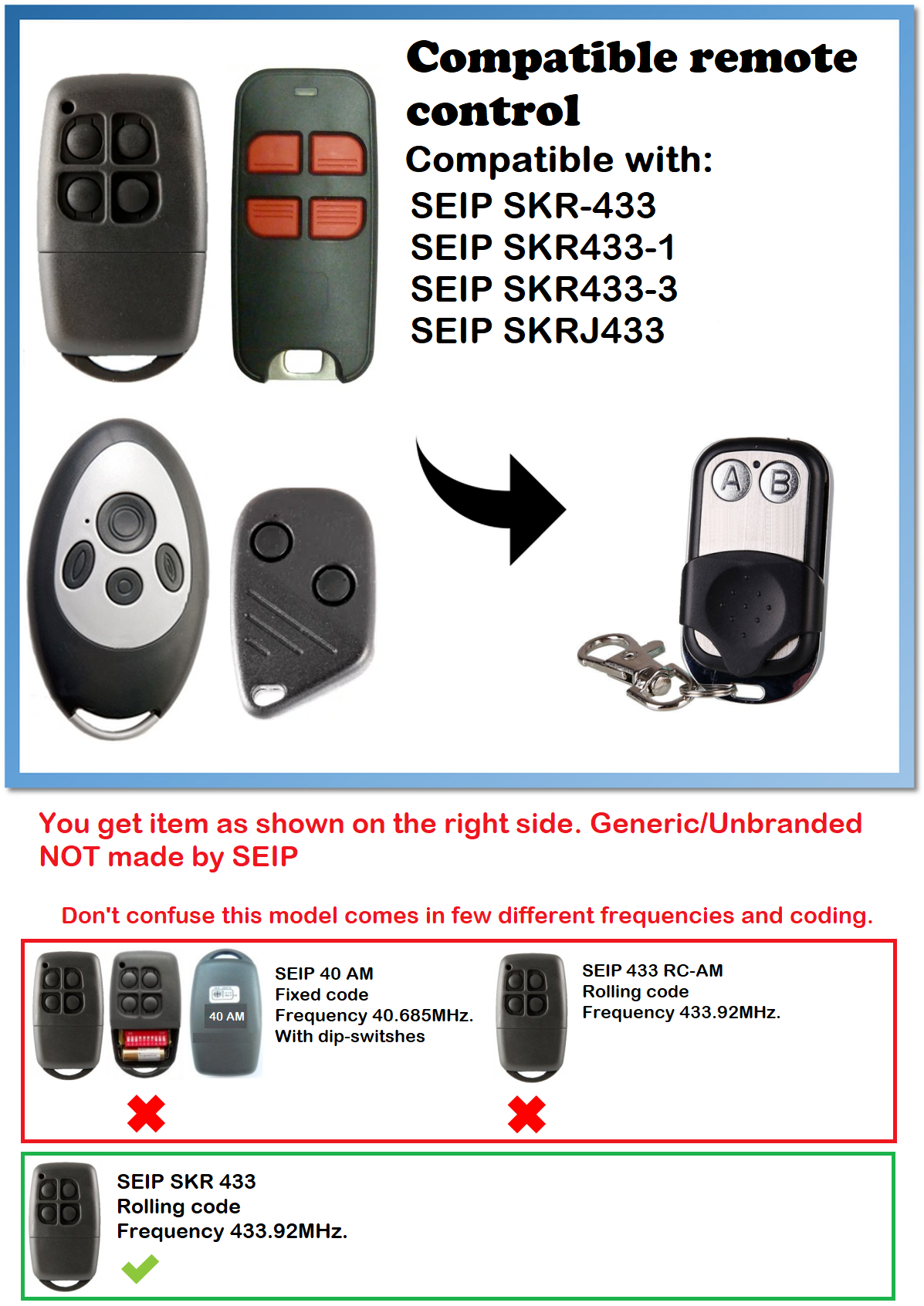 Remote Control for SEIP SKR-433, SEIP SKR433-1, SEIP SKR433-3, SEIP SKR ...