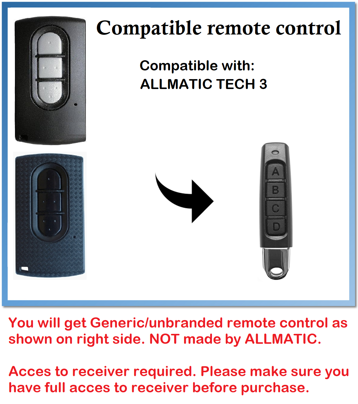 Remote Control Compatible with ALLMATIC B.RO WN BRO1WN, BRO 2WN, BRO4WN Rolling Code 433.92MHz.