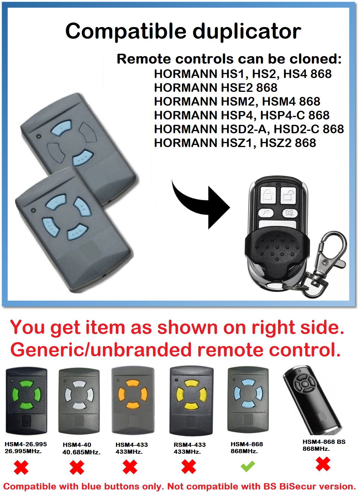 REMOTE CONTROL DUPLICATOR for HORMANN HSM2 868, HSM4 868 (BLUE BUTTONS ...