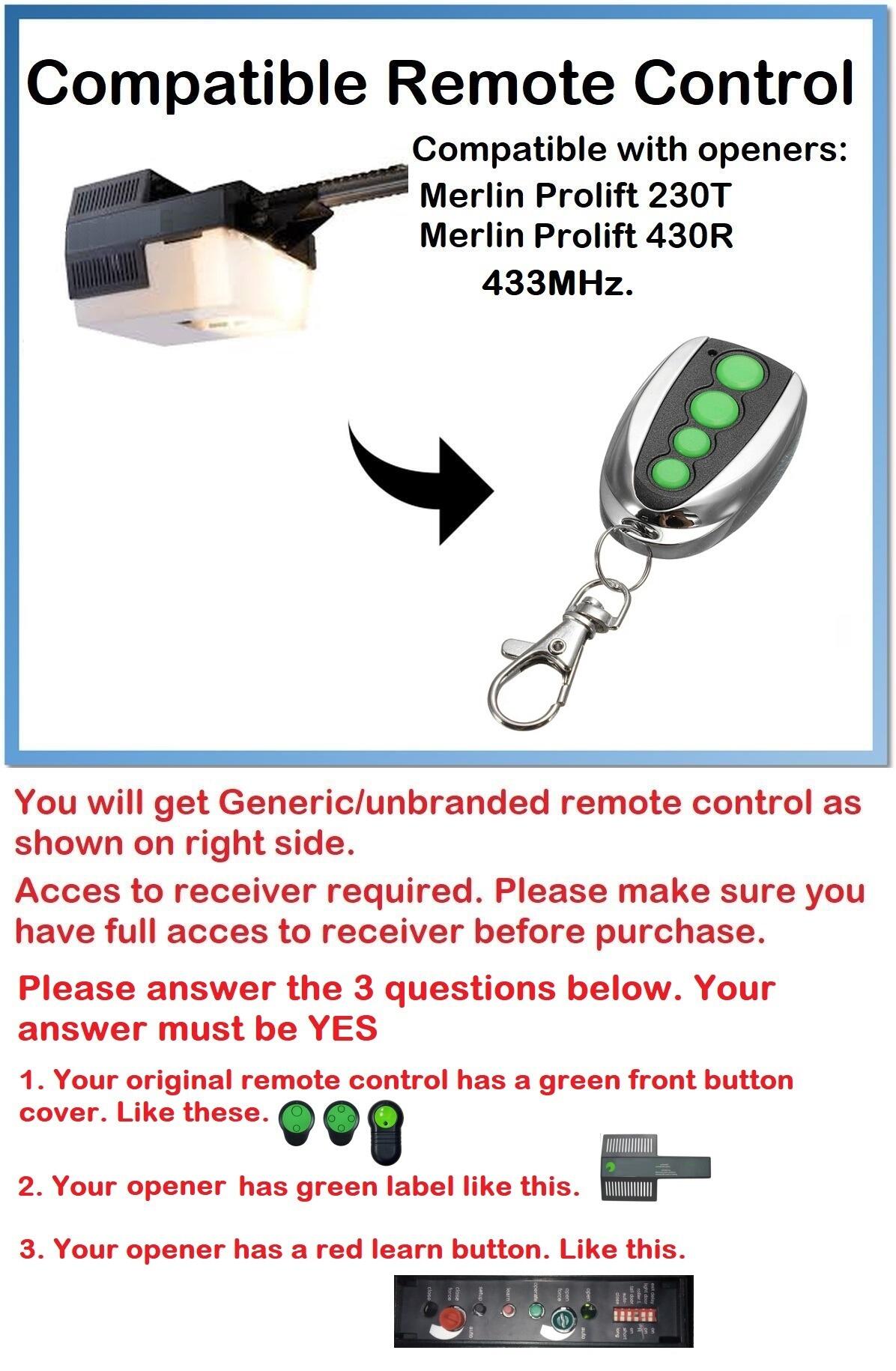 Remote control for Gate openers Merlin Prolift 230T, Merlin Prolift ...