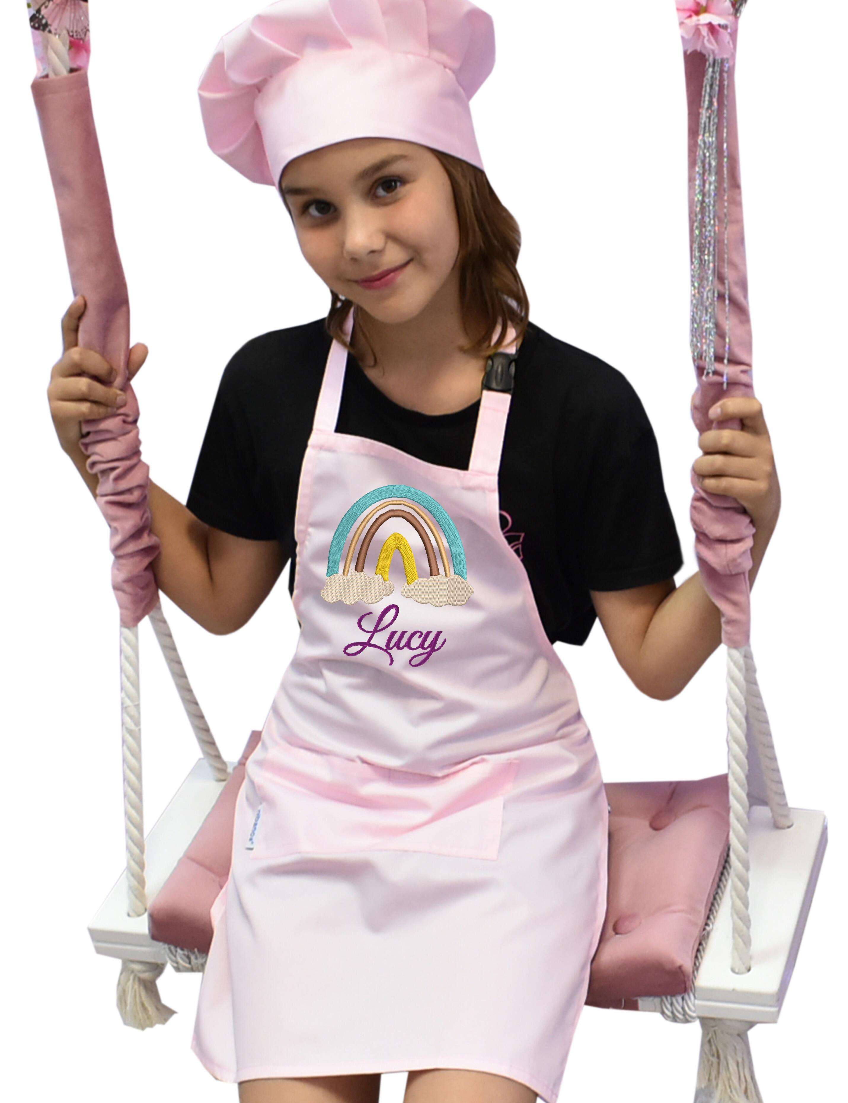 Embroidered Rainbow Kids Apron with pockets Pink available in 30 Colours