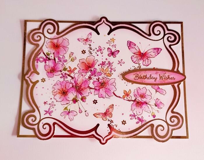 Birthday Wishes Scroll Pink Butterflies and Flowers Handmade Card Topper