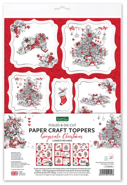Greyscale Christmas Foiled Paper Craft Toppers 6 Sheets