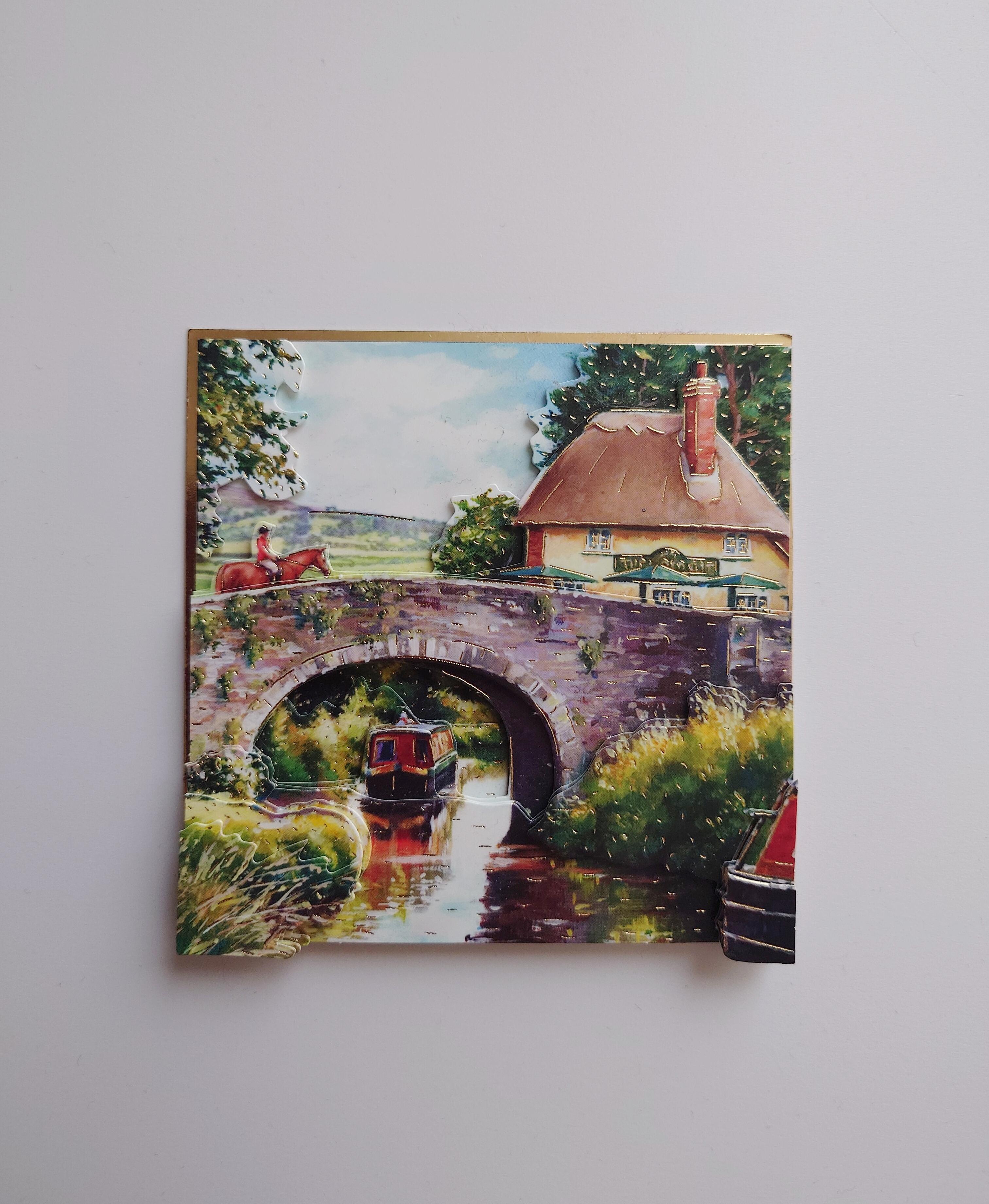Spring Canal Boat House Horse Bridge 3D Decoupage Handmade Card Topper