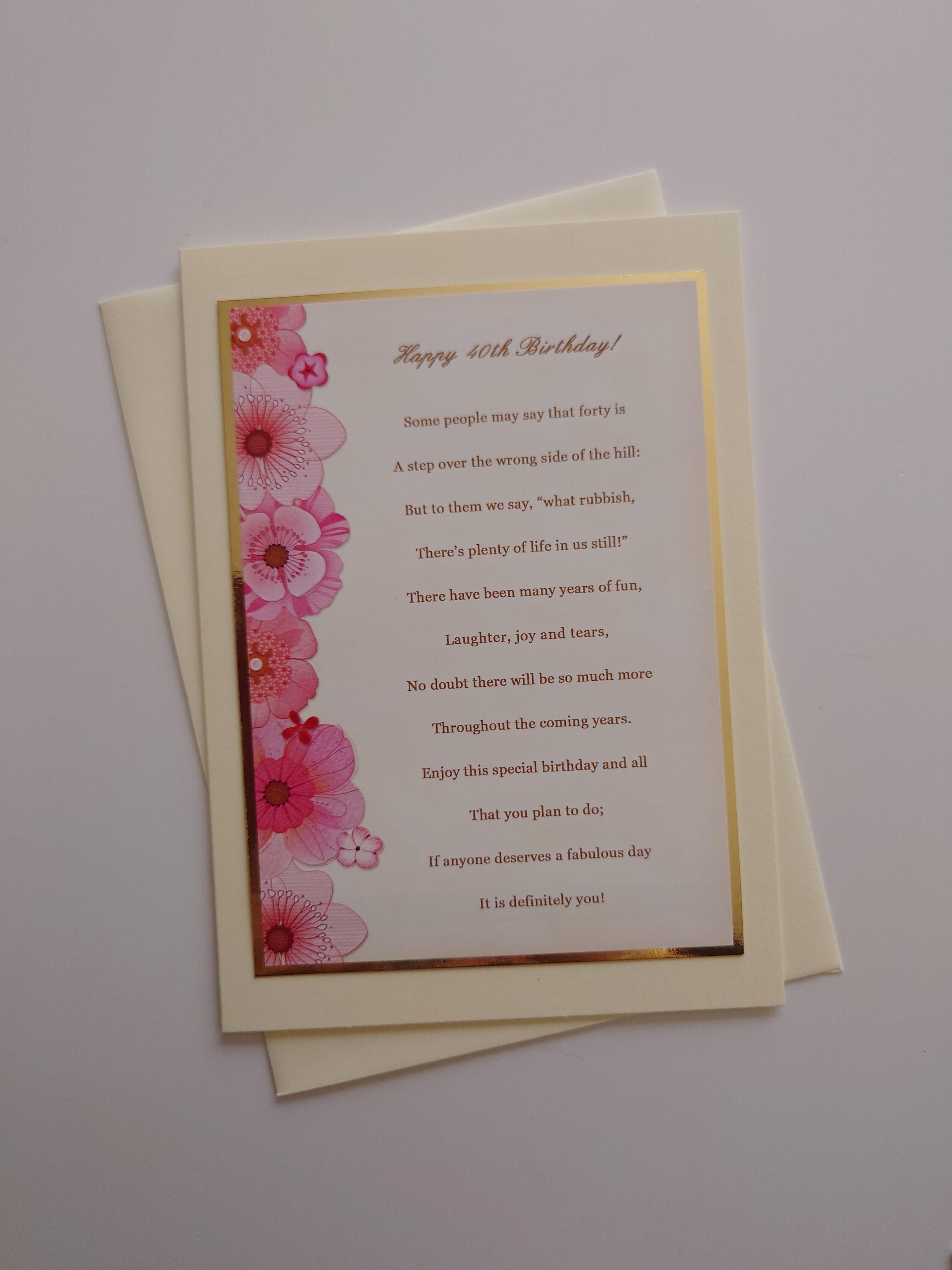 Happy 40th Birthday Poem Handmade Card