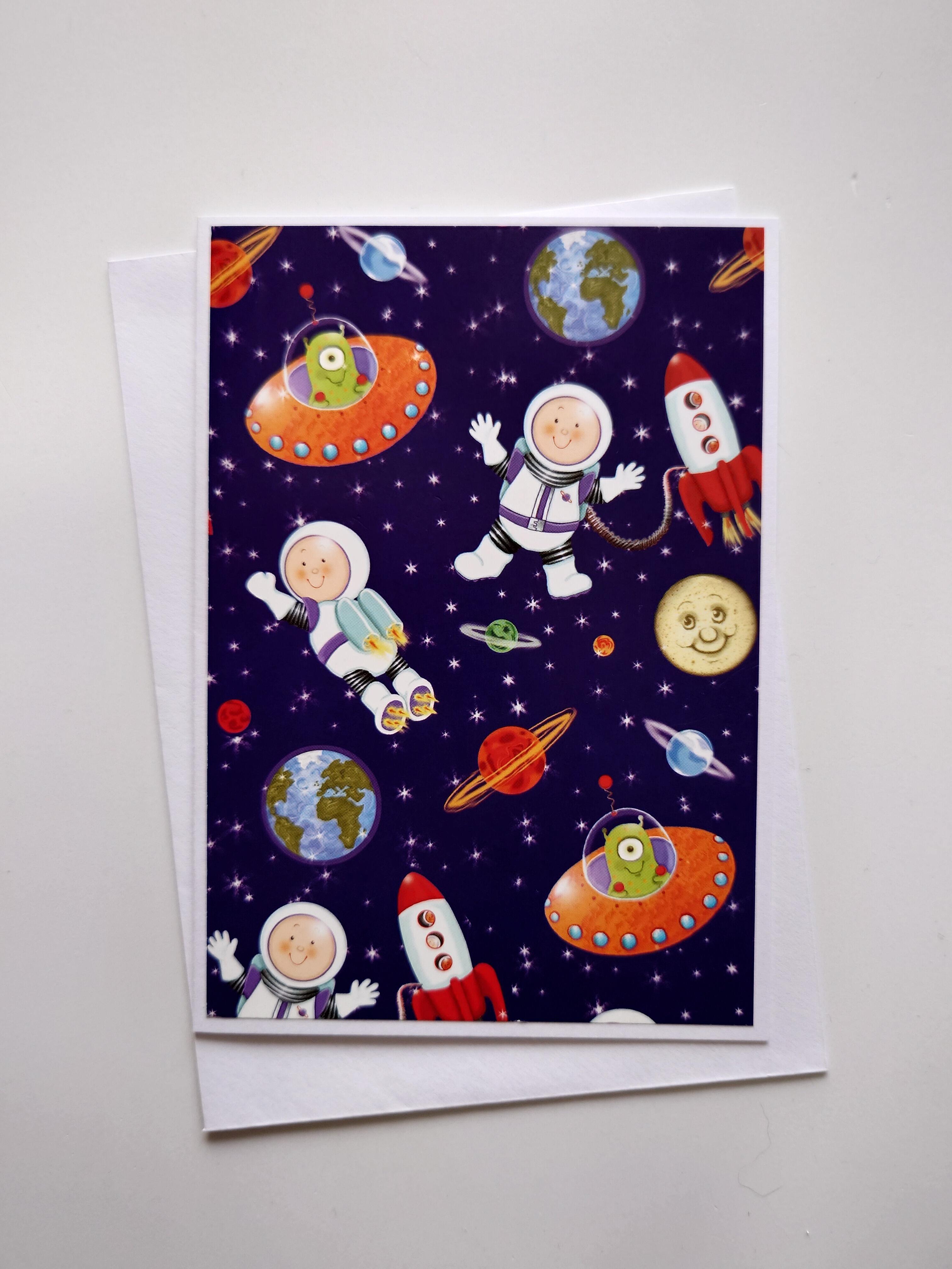 Boy Astronaut Outer Space Aliens Moon Stars Planets Handmade Card