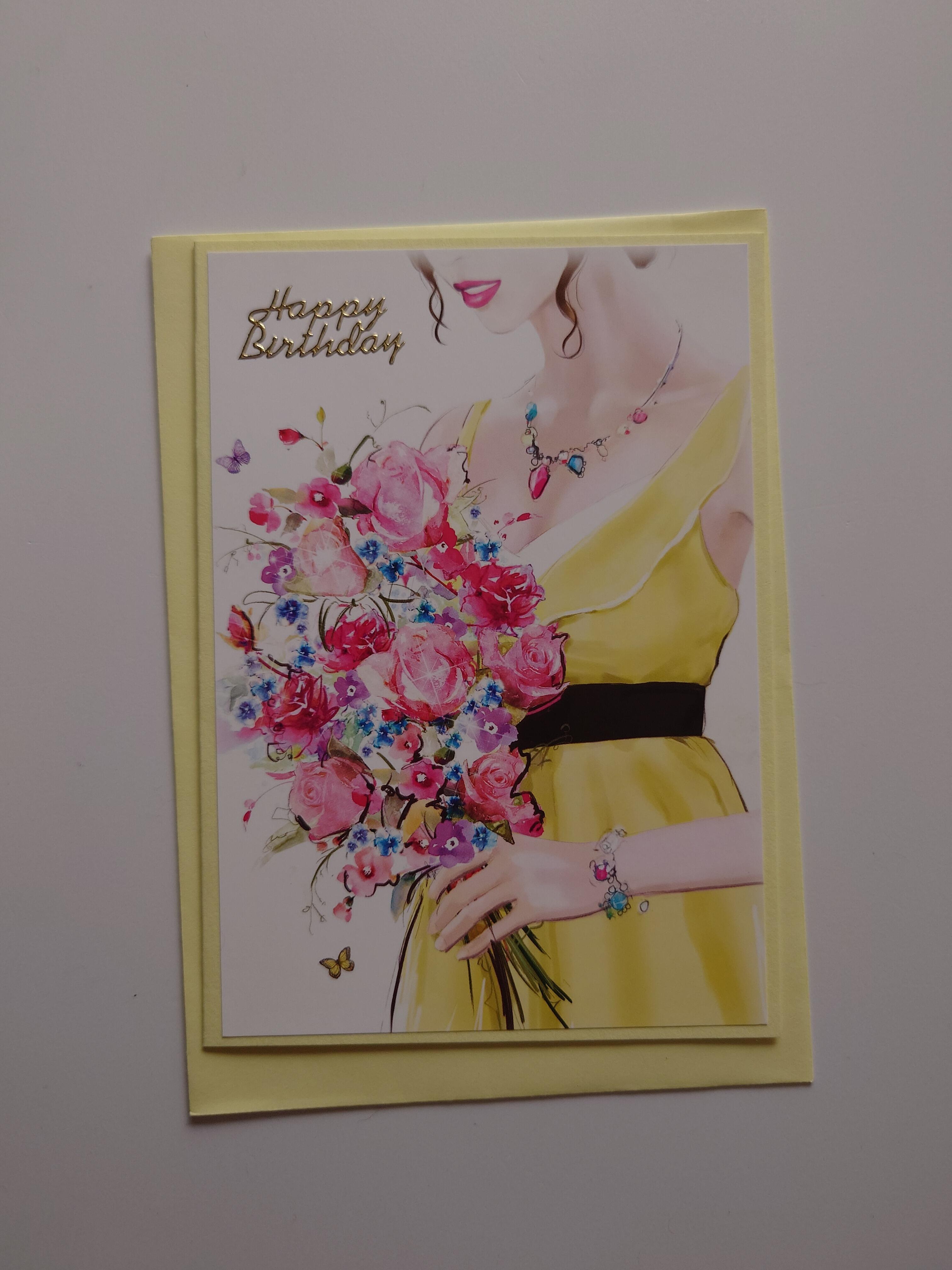 Happy Birthday Chic Woman Yellow Dress Bouquet of Flowers Handmade Card