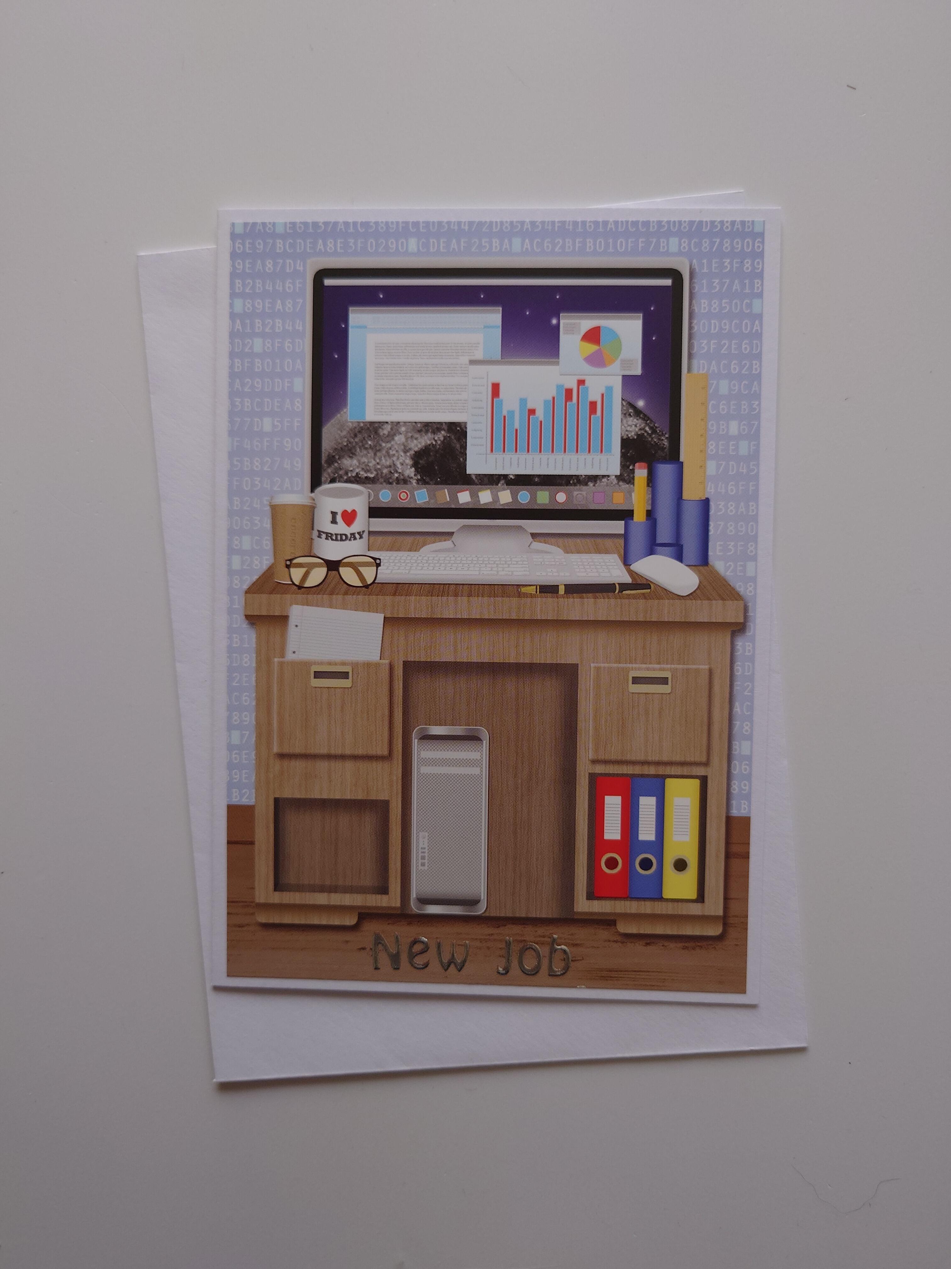 New Job Computer Work Station Pie Chart Bar Chart Handmade Card