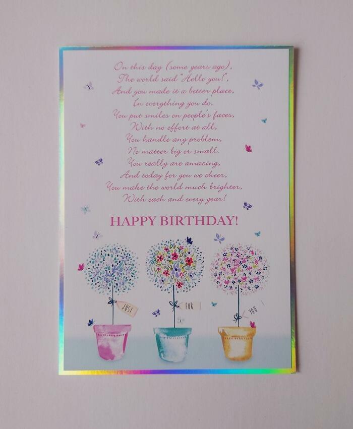 Happy Birthday Poem Pretty Bay Trees Handmade Card Topper