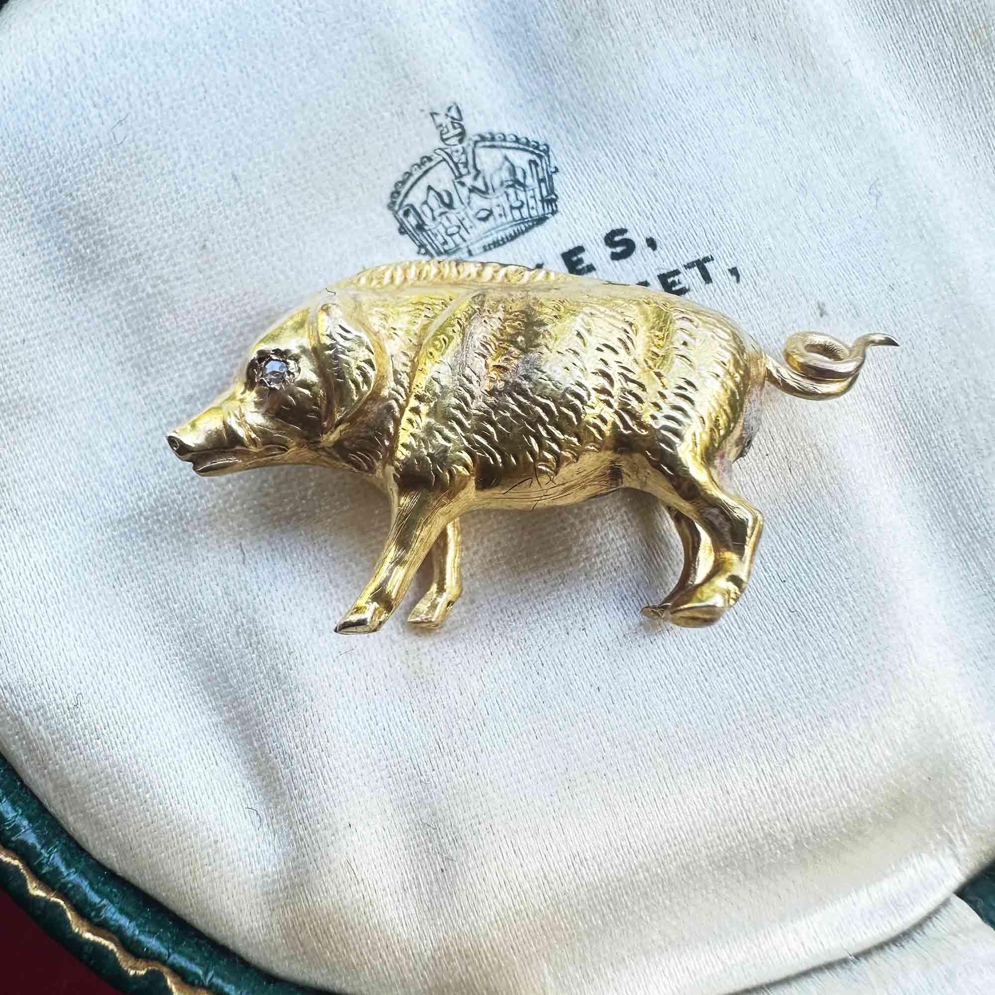 Victorian Gold Wild Boar Pendant with Diamond Eyes - Antique Charm