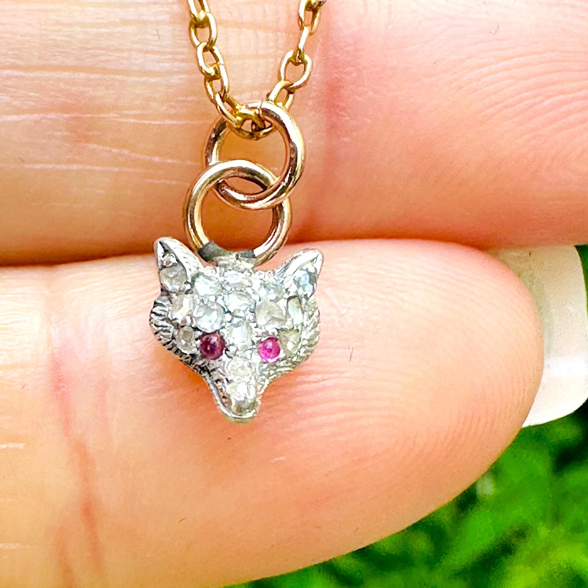 Antique Fox Head Pendant: Rose Cut Diamonds & Ruby Eyes Charm