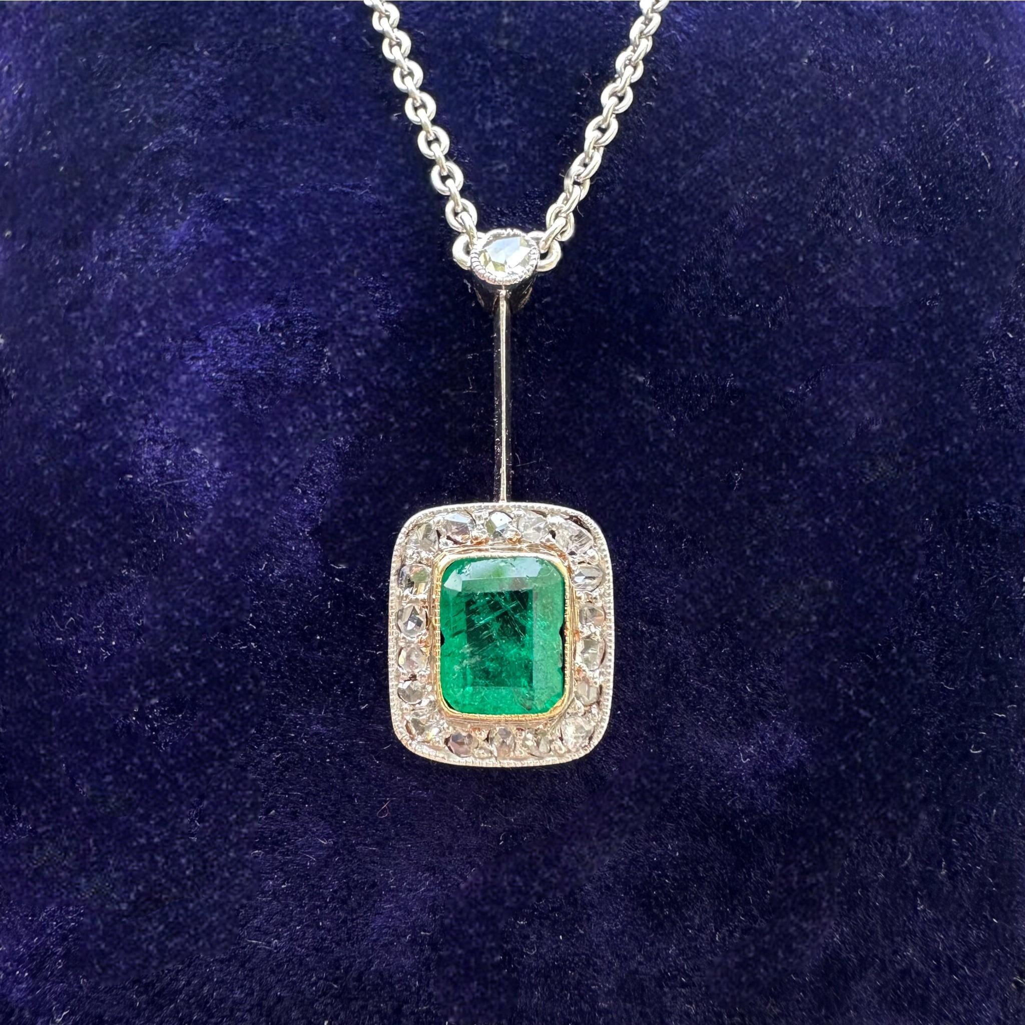 Antique Emerald & Diamond Drop Necklace - 18K Gold Paris Hallmark